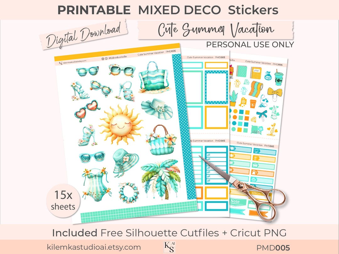 CUTE SUMMER VACATION, Printable Planner Stickers Deco and Functional ...