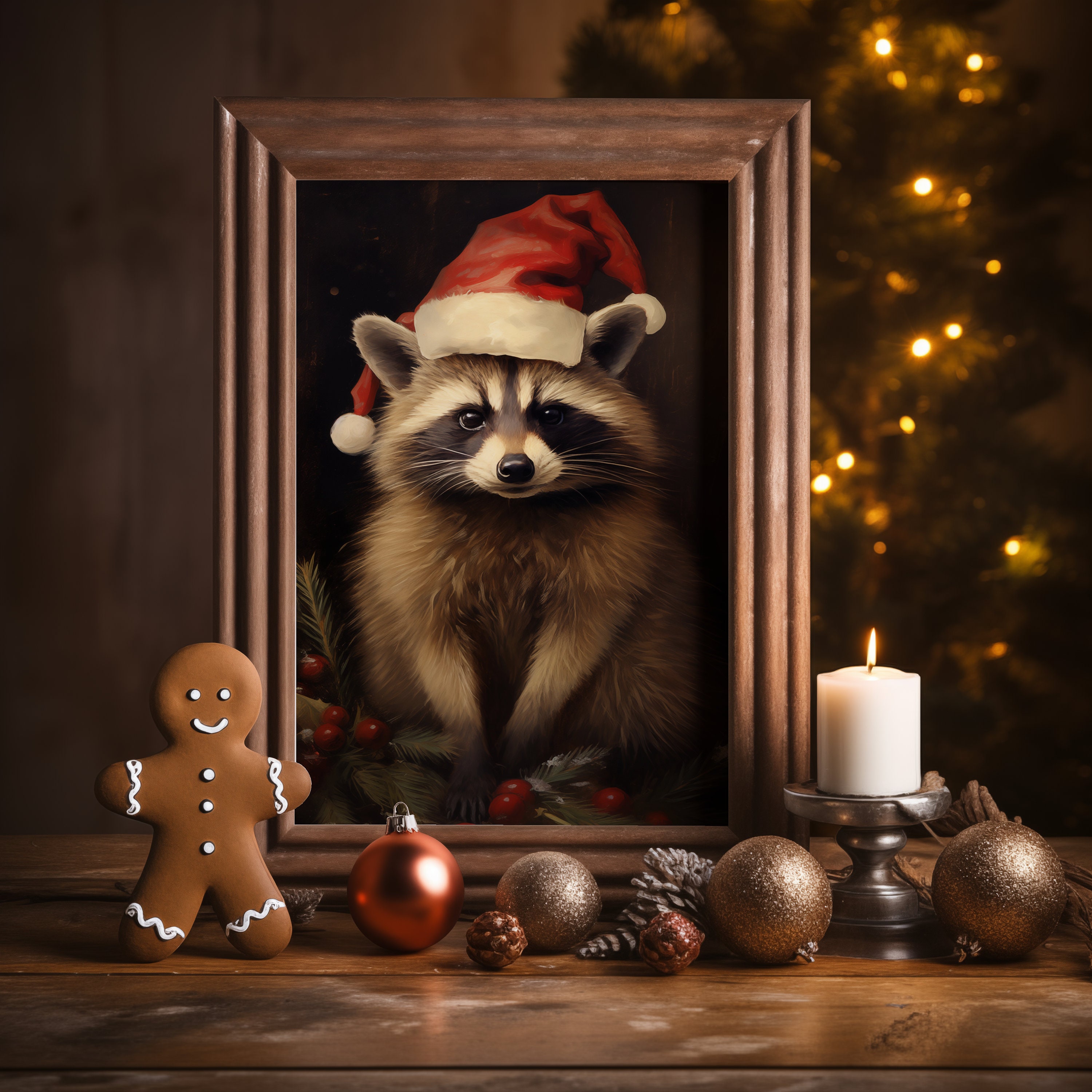 Xmas Poster, Racoon Funny Santa Claus Decoration Presents Christmas ...