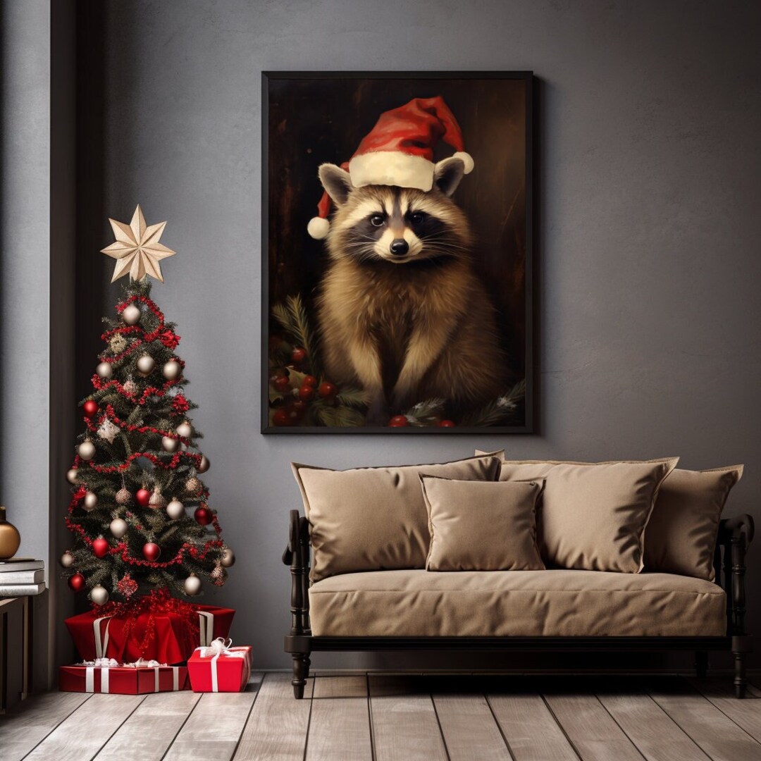 Xmas Poster, Racoon Funny Santa Claus Decoration Presents Christmas ...
