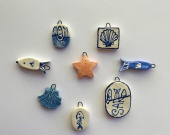 Clay Charm - Hand Painted Tiny Blue & White Polymer Clay Pendants, DIY ...