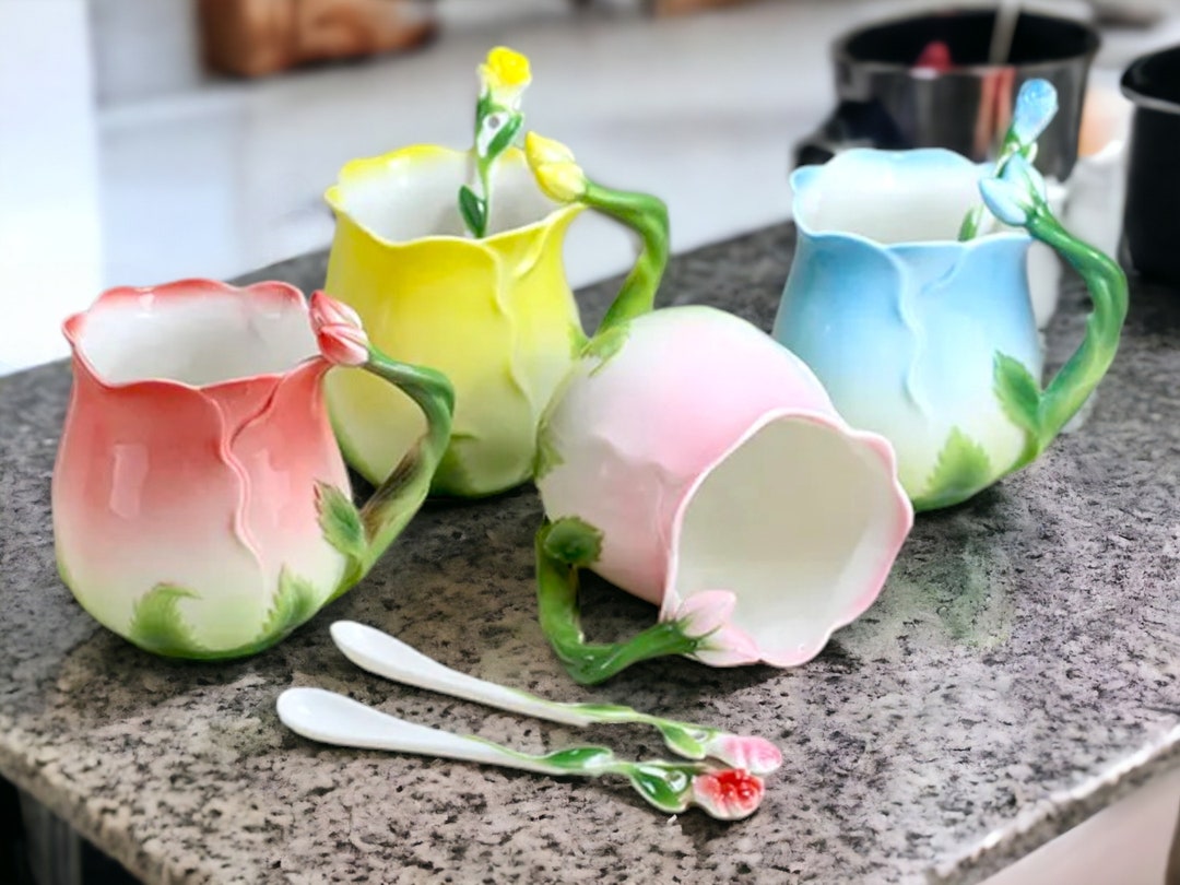 3D Rose Flower Shape Mug With Matching Design Spoon, Ceramic Coffee-tea ...