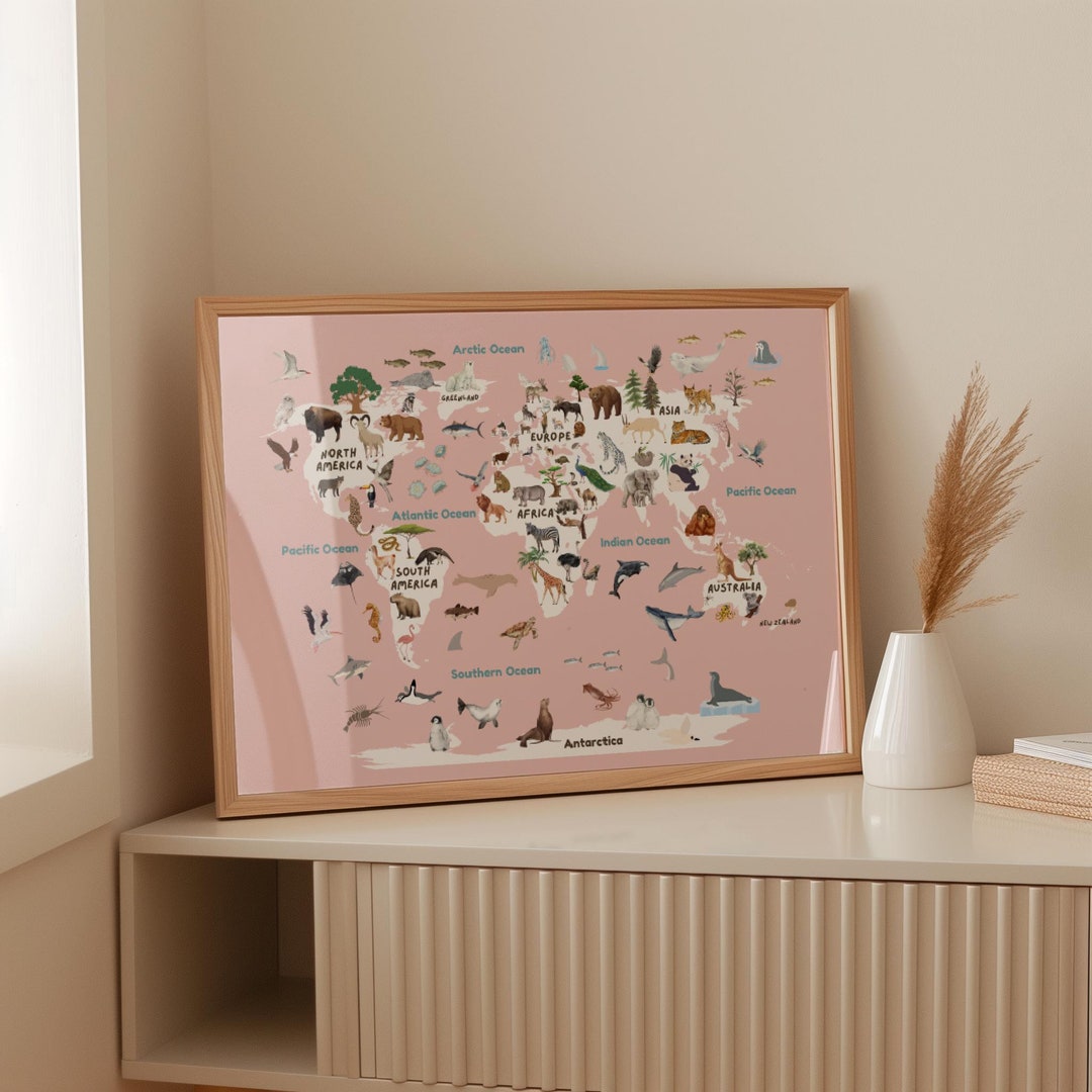 Pink Educational Poster: Pink World Map Animals, Classroom Decor, Girl ...