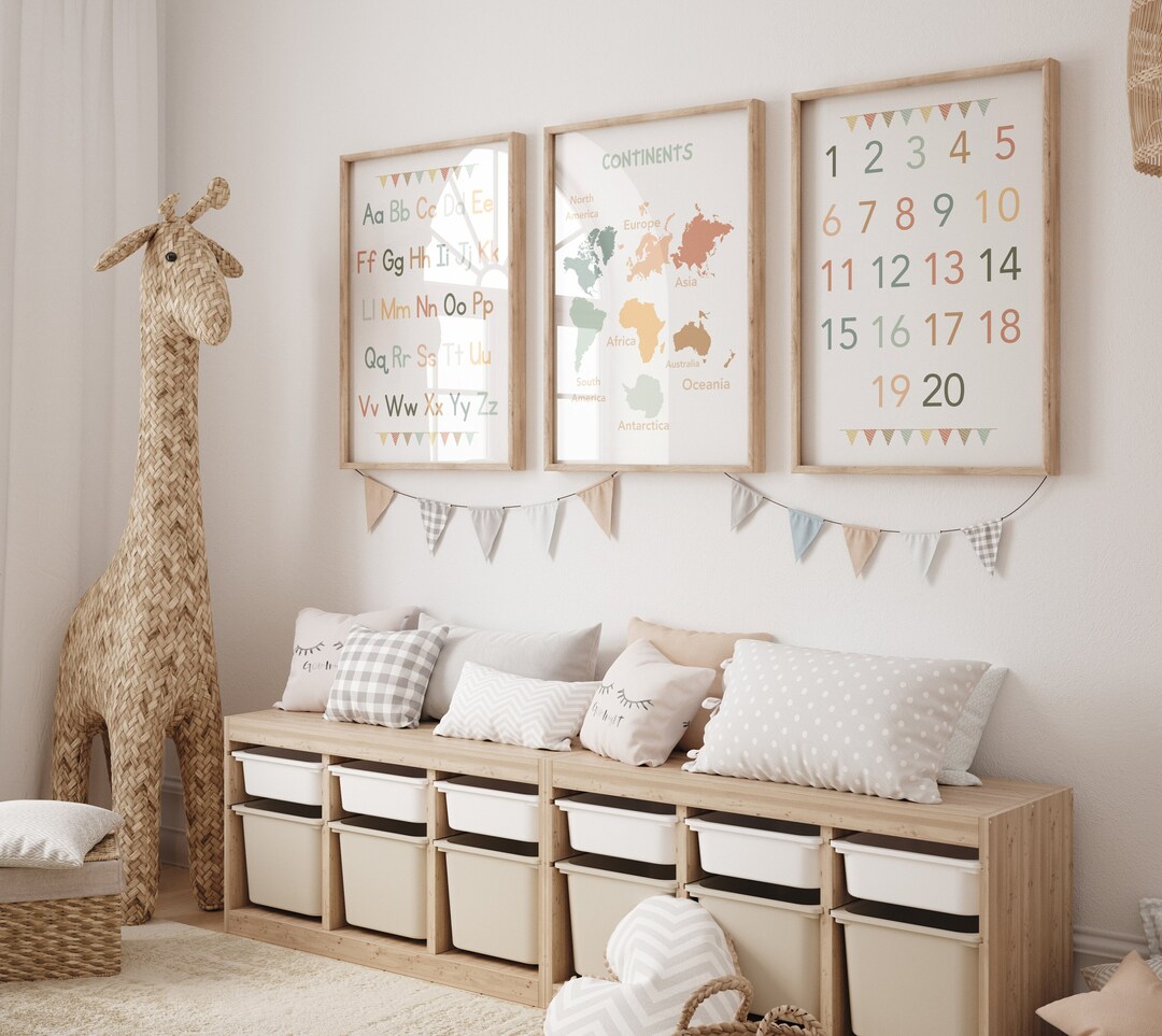 3 Neutral Nursery Educational Posters Alphabet Numbers & Continents ...