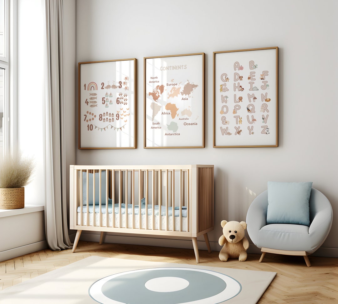 3 Neutral Nursery Educational Posters Alphabet Numbers & Continents ...