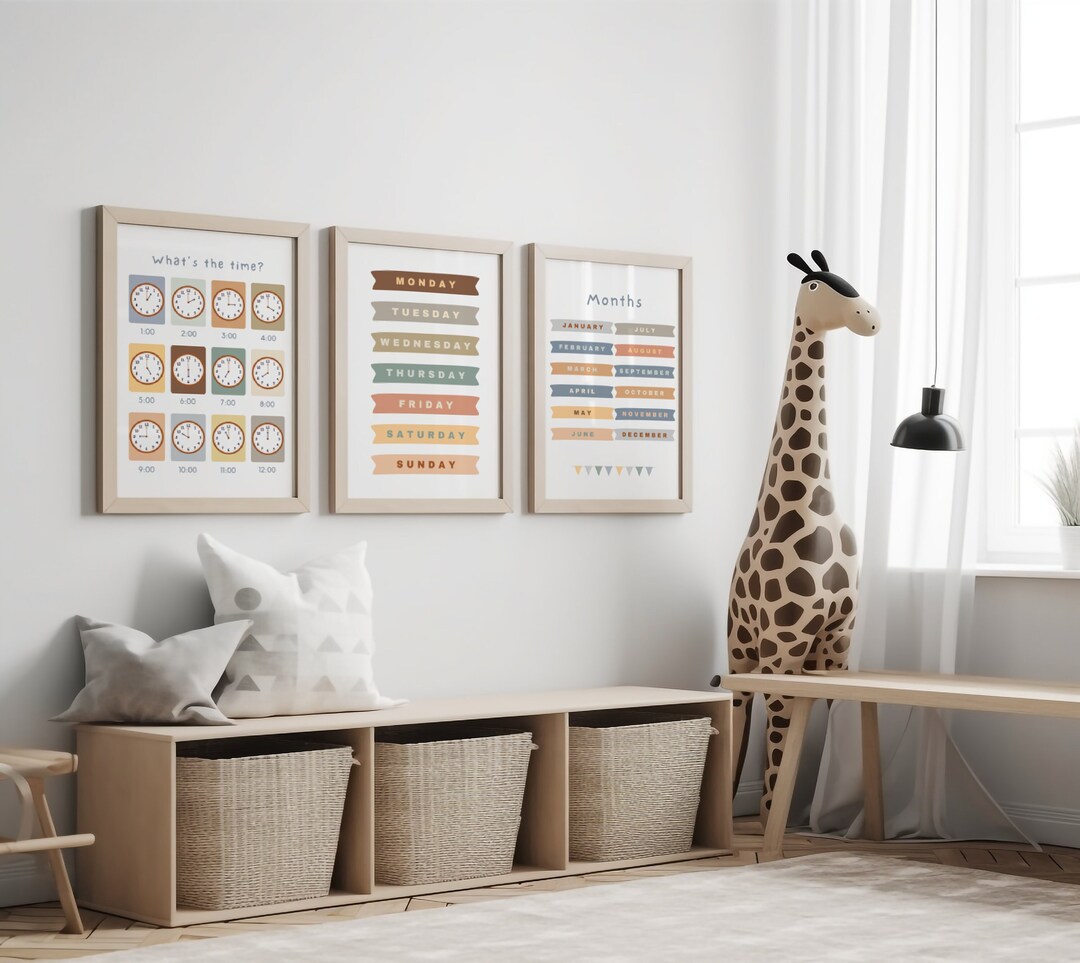3 Nursery Educational Posters Time Chart, Days of the Week & Months of ...