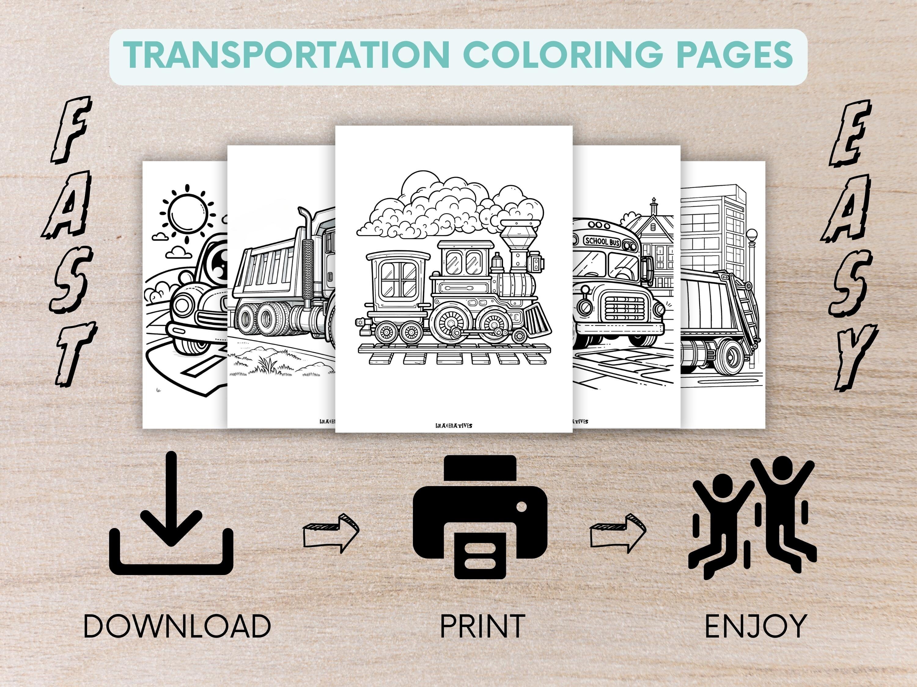 40 Printable Transportation Coloring Book Pages for Kids, Homeschool ...