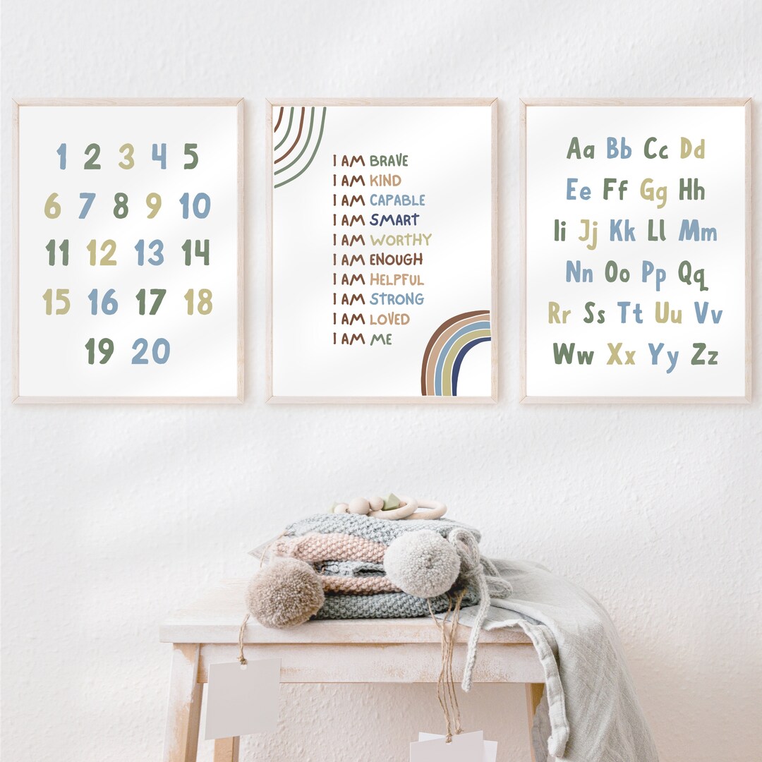 Nursery Educational Posters Set: Alphabet, Numbers & I Am Affirmations ...