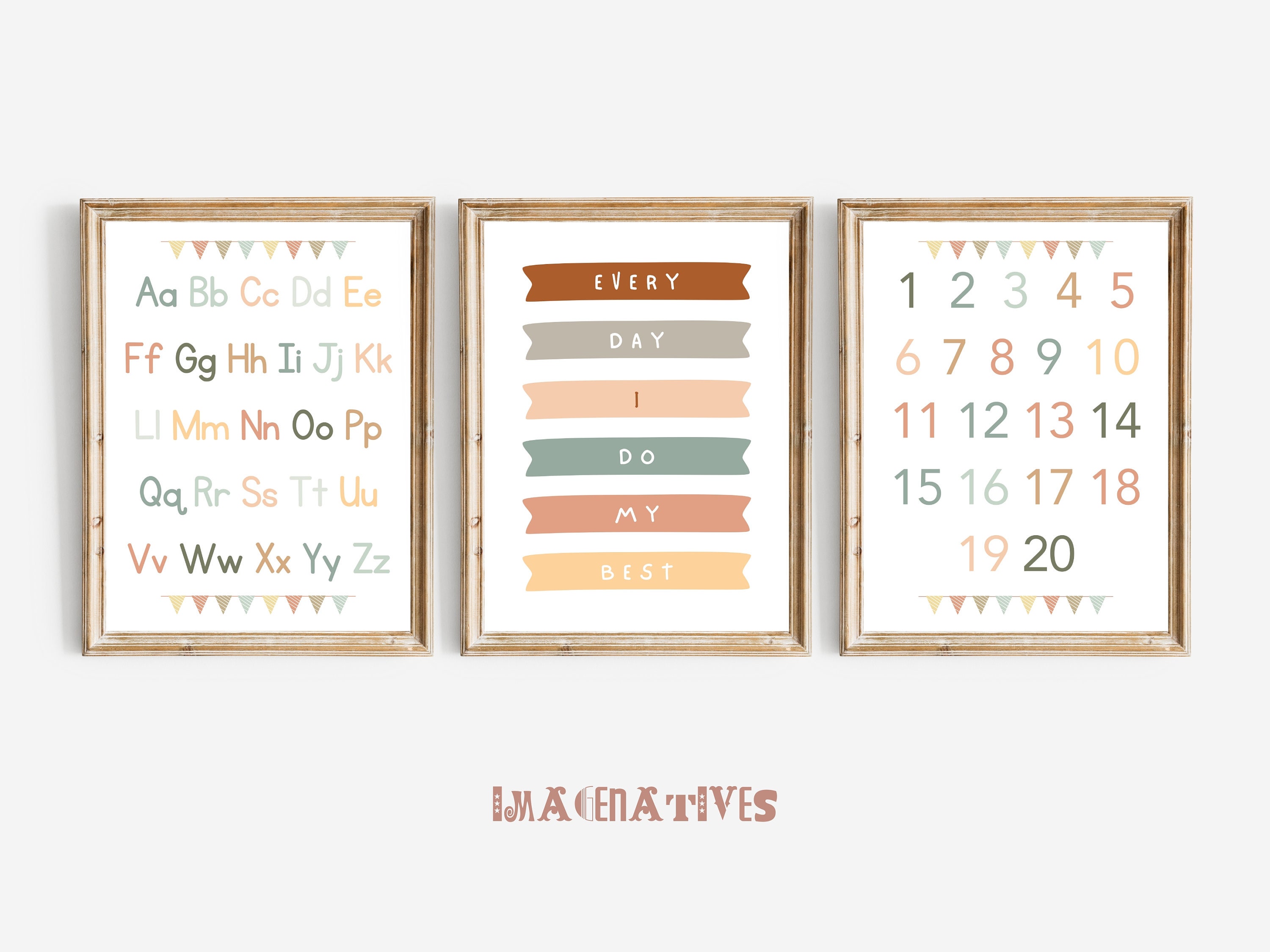 3 Neutral Educational Posters Alphabet, Numbers & Motivational Poster ...