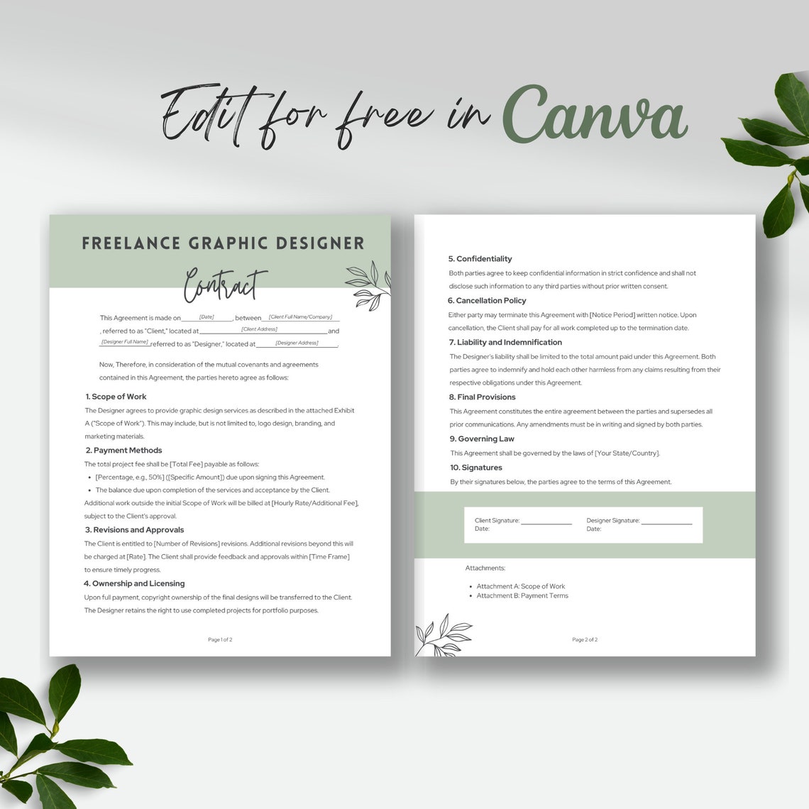 Editable Freelance Graphic Design Contract Template, 2 Page Contract ...