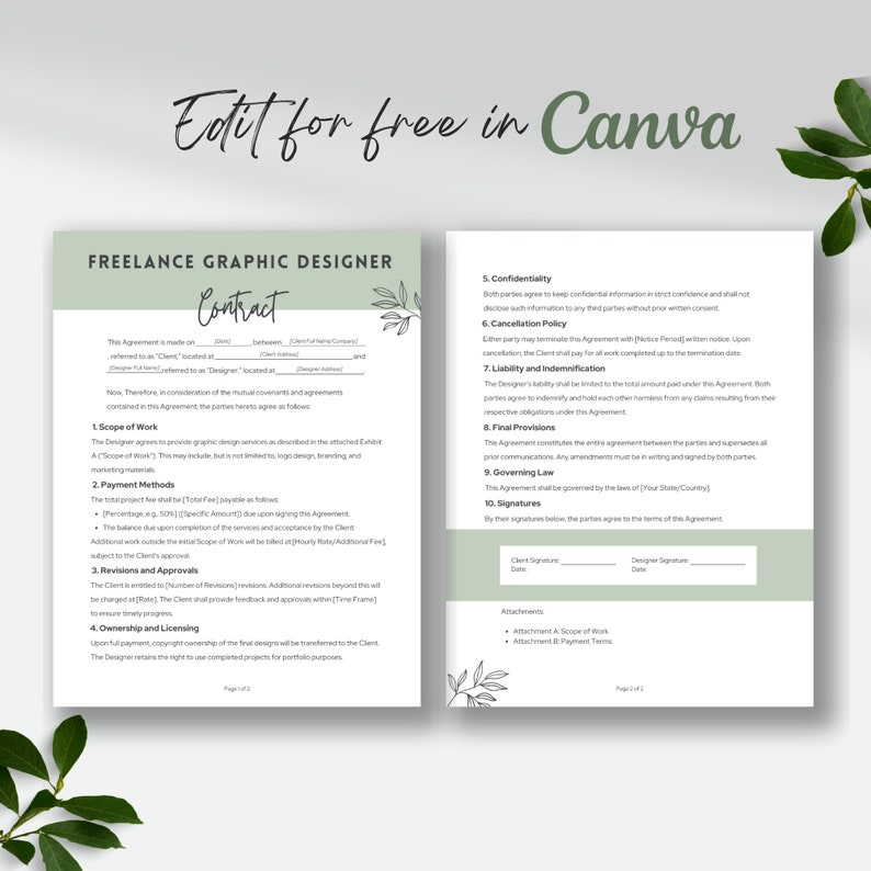 Editable Freelance Graphic Design Contract Template, 2 Page Contract ...