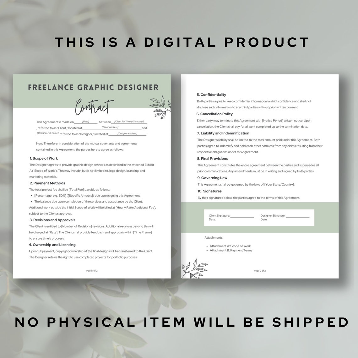Editable Freelance Graphic Design Contract Template, 2 Page Contract ...