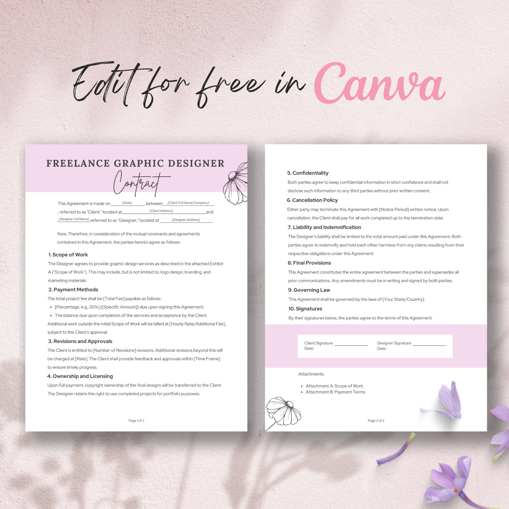 Editable Freelance Graphic Design Contract Template, 2 Page Contract ...