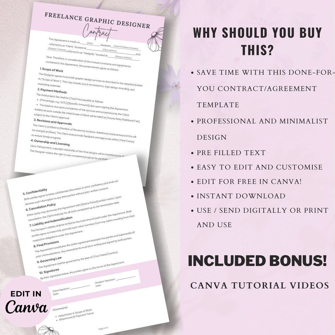 Editable Freelance Graphic Design Contract Template, 2 Page Contract ...