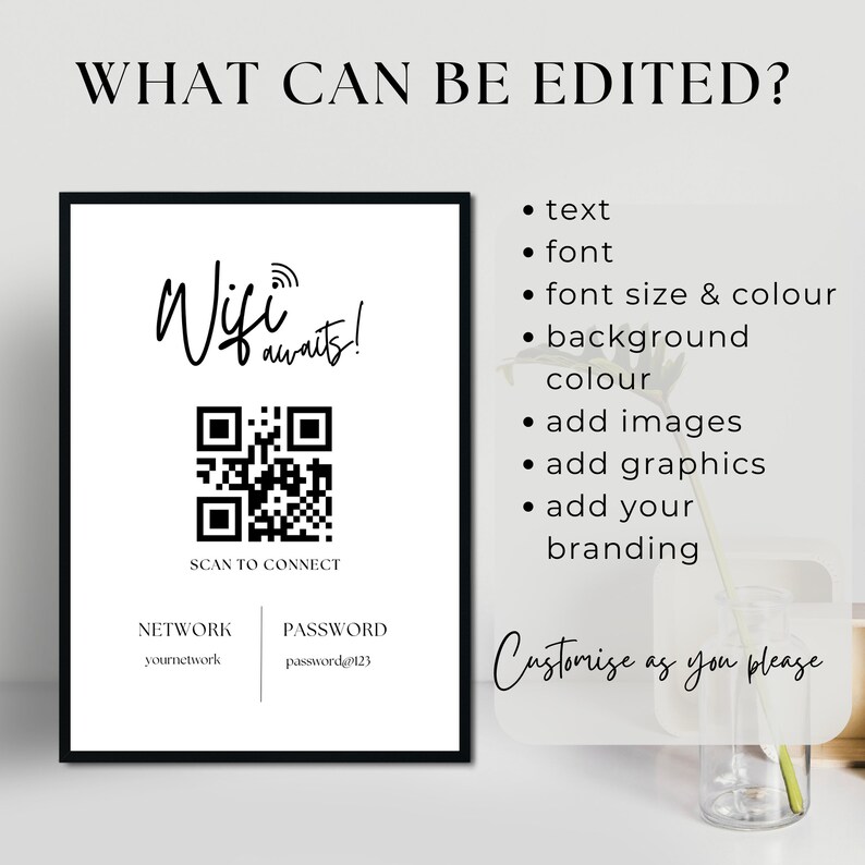 Wifi Password Sign, QR Code Sign, Airbnb Wifi Sign Template, Printable ...