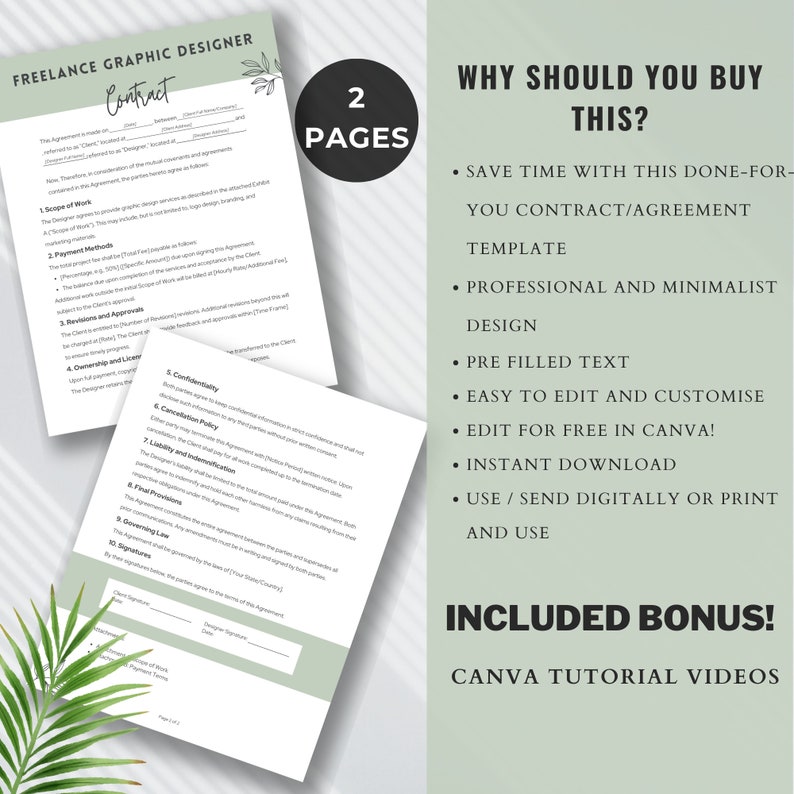 Editable Freelance Graphic Design Contract Template, 2 Page Contract ...