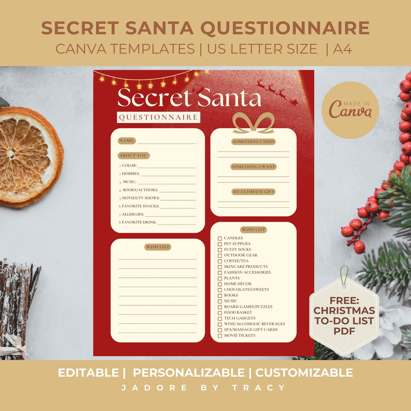 Secret Santa Questionnaire Template, Office, Family, Work, Holiday ...