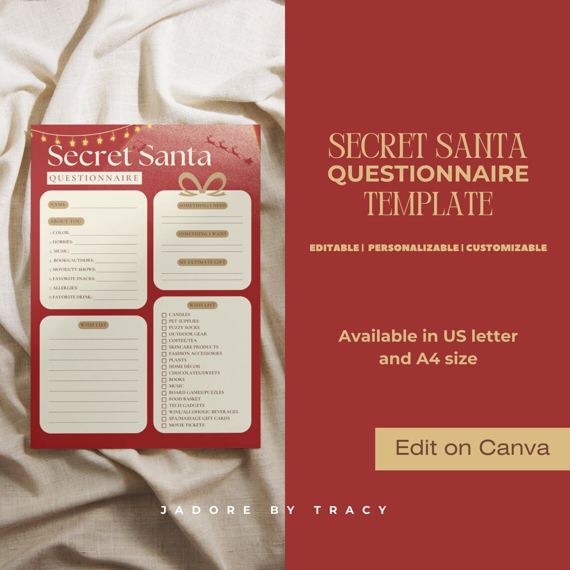 Secret Santa Questionnaire Template, Office, Family, Work, Holiday ...