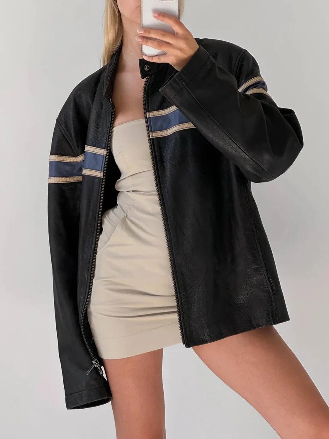 Women 80s Vintage Black Oversized Jacket With Blue Stripe, Supple ...