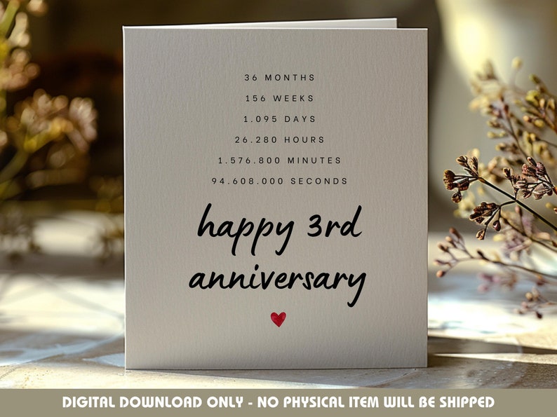 Printable 3rd Anniversary Card for Wife / Husband, Third Anniversary ...