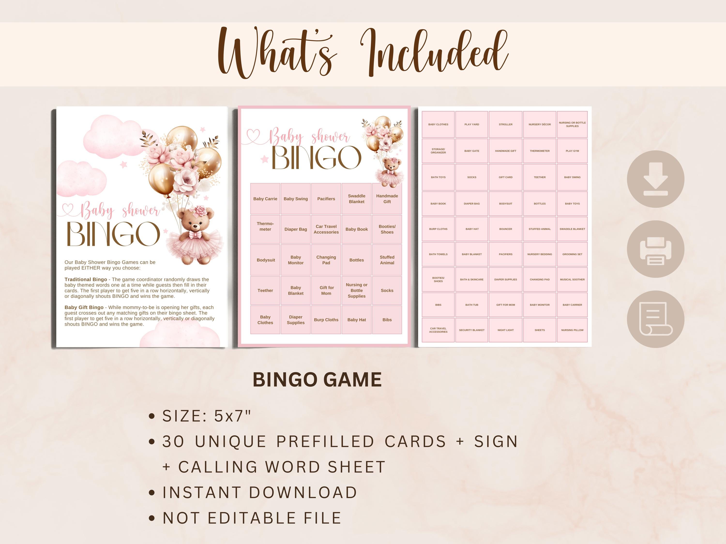Bingo Baby Shower Game, Baby Bingo Printable, It's a Girl Baby Shower ...