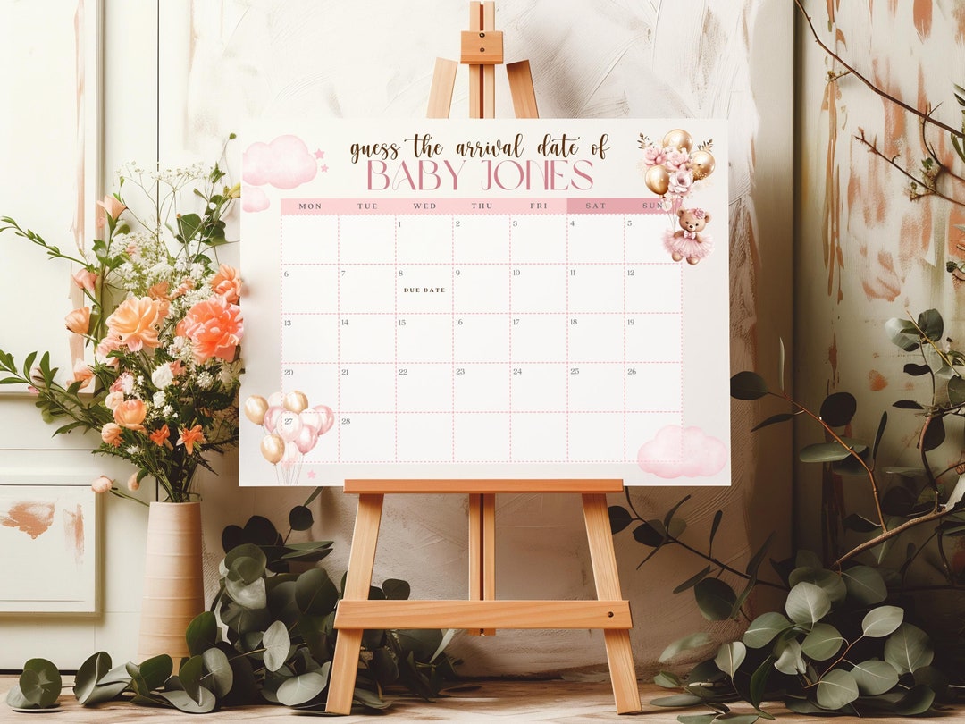 Baby Shower Due Date Calendar, Pink Teddy Bear Baby Birth Date Sign ...