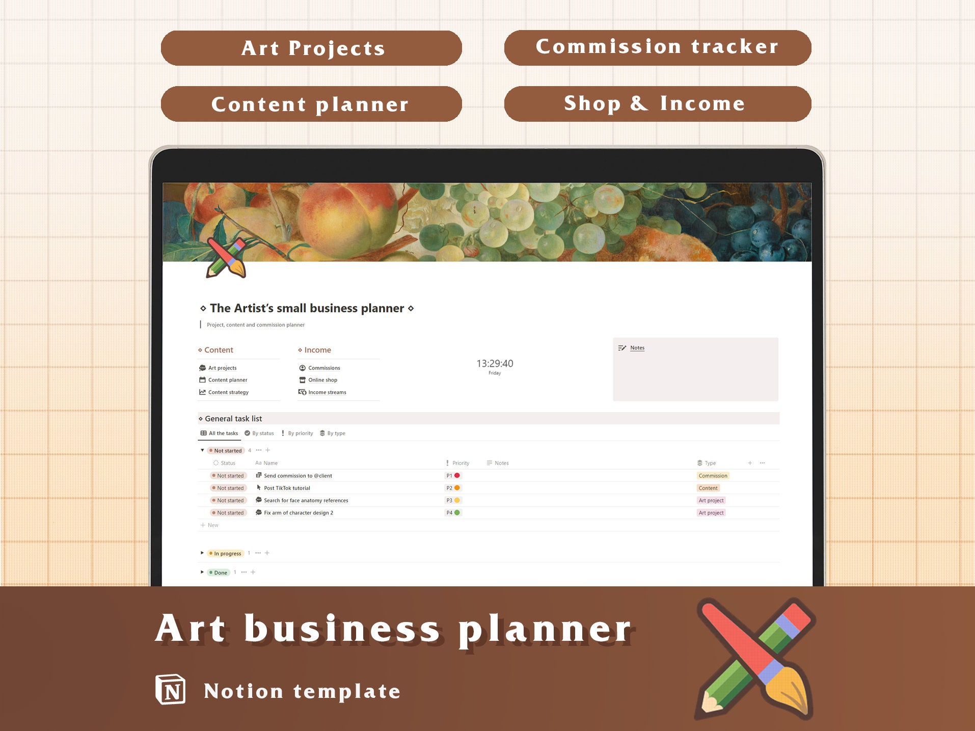 Notion Art Business Tracker, Commission Planner, Content Planner, Art ...