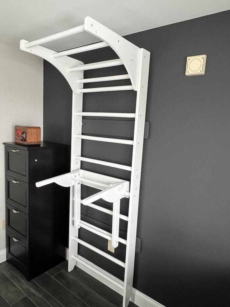 Wooden White Sport Ladder With Dip Bar and Pull up Bar - Swedish Ladder ...