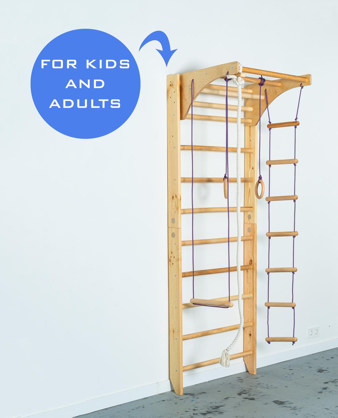 Wooden Swedish Sport Ladder With Adjustable Pull-up Bar and Rope ...