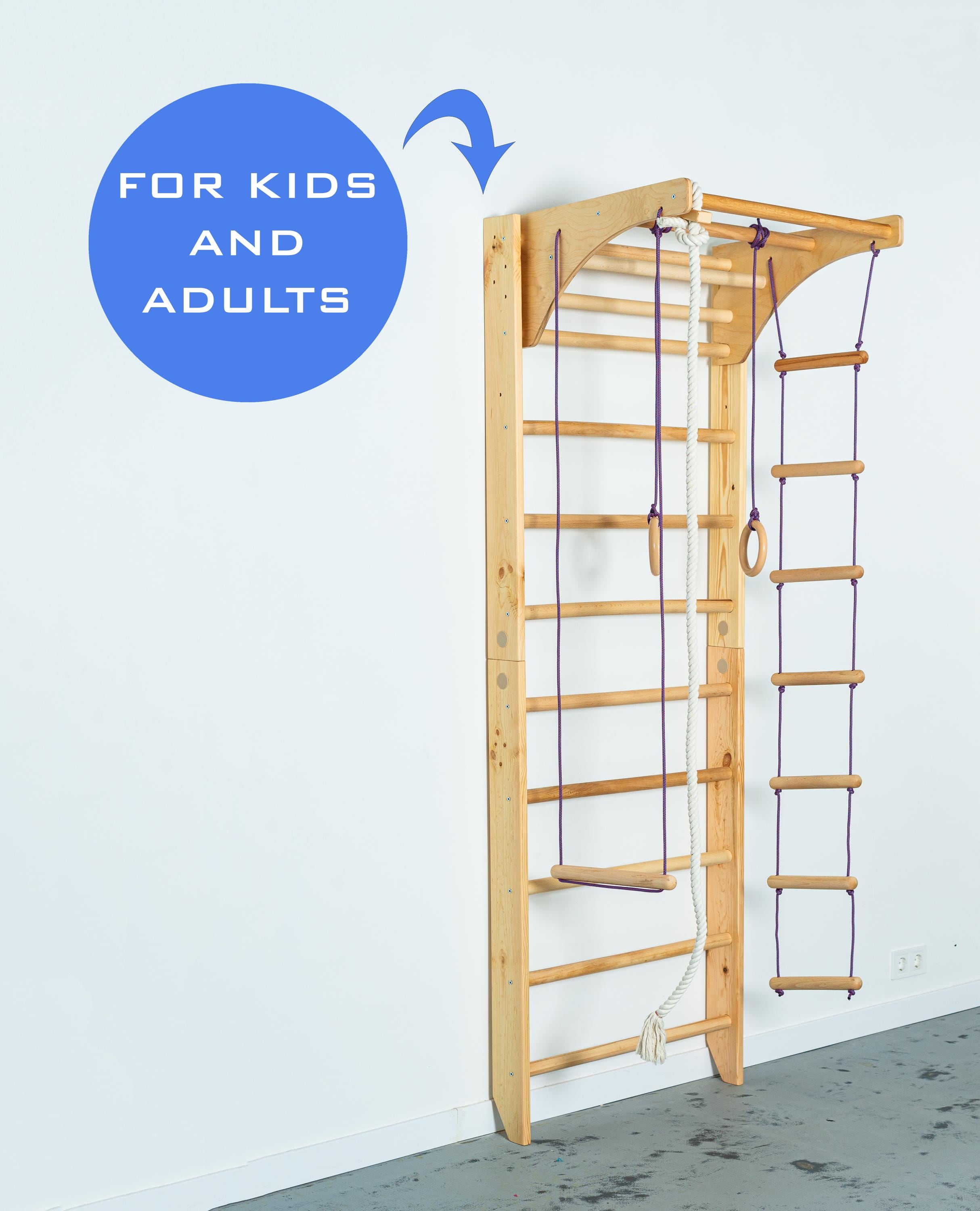 Wooden Swedish Sport Ladder With Adjustable Pull-up Bar and Rope ...