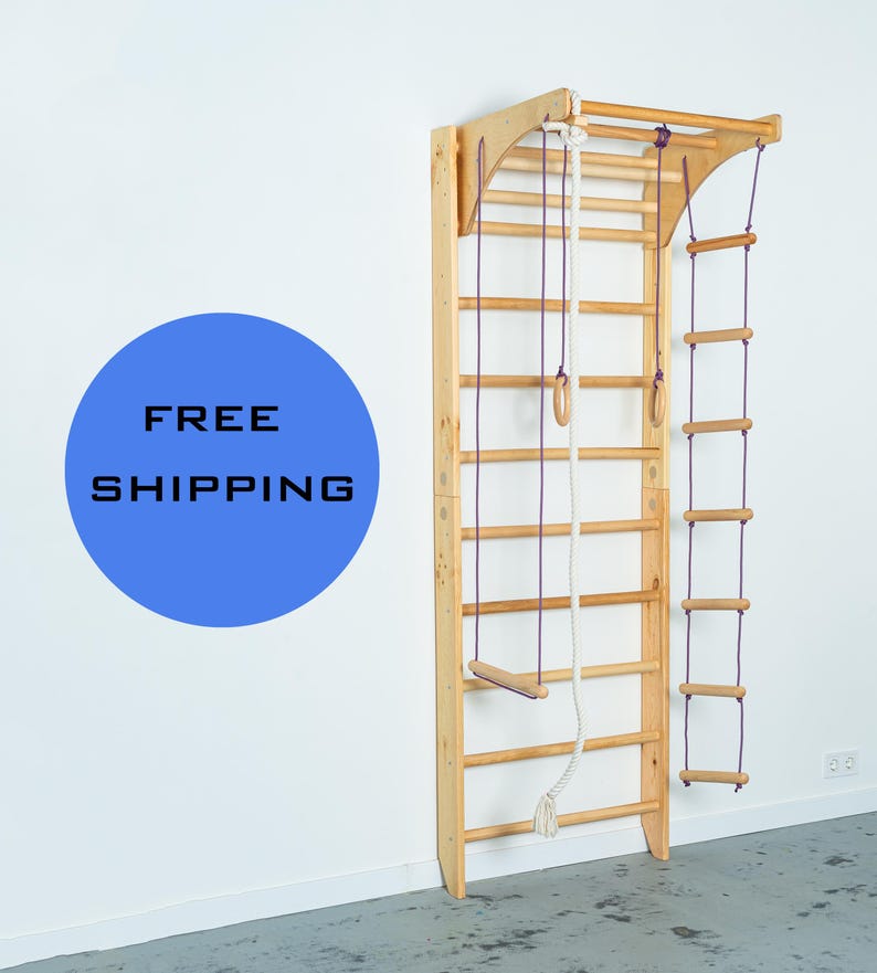 Wooden Swedish Sport Ladder With Adjustable Pull-up Bar and Rope ...