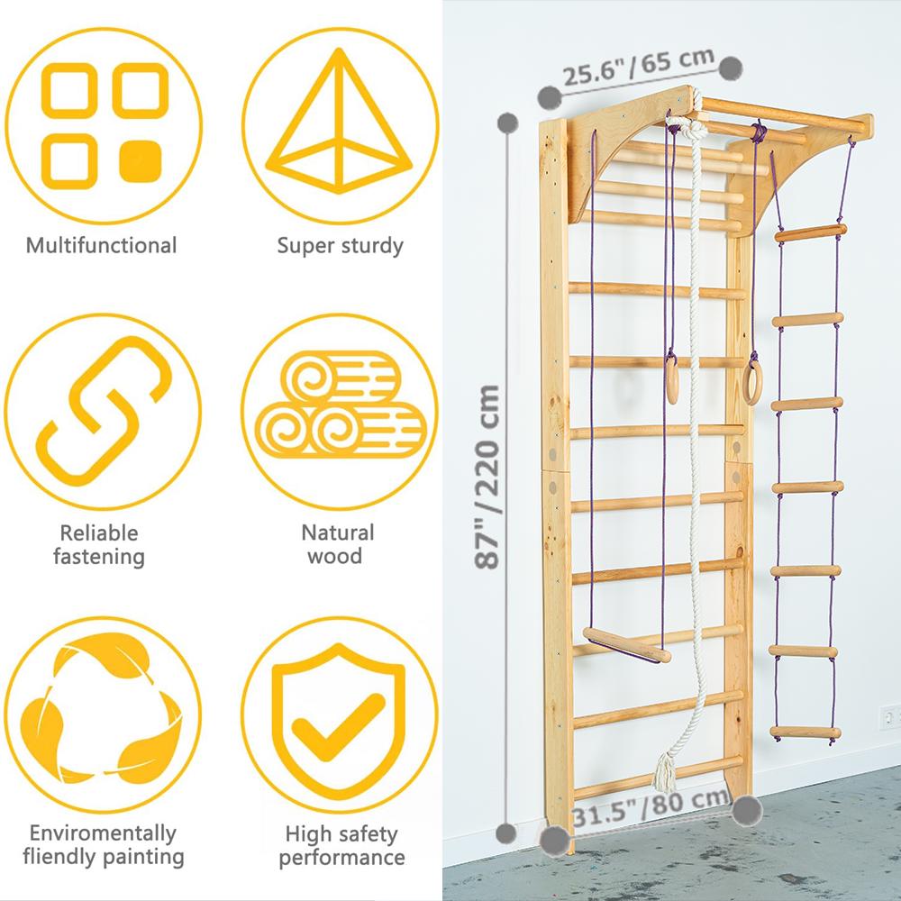 Wooden Swedish Sport Ladder With Adjustable Pull-up Bar and Rope ...