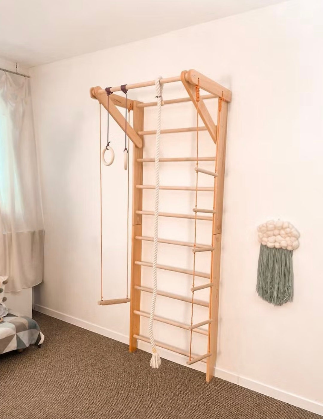 Wooden Wall Stall Bars With Fixed Pull up Bar and Rope Items. Home ...