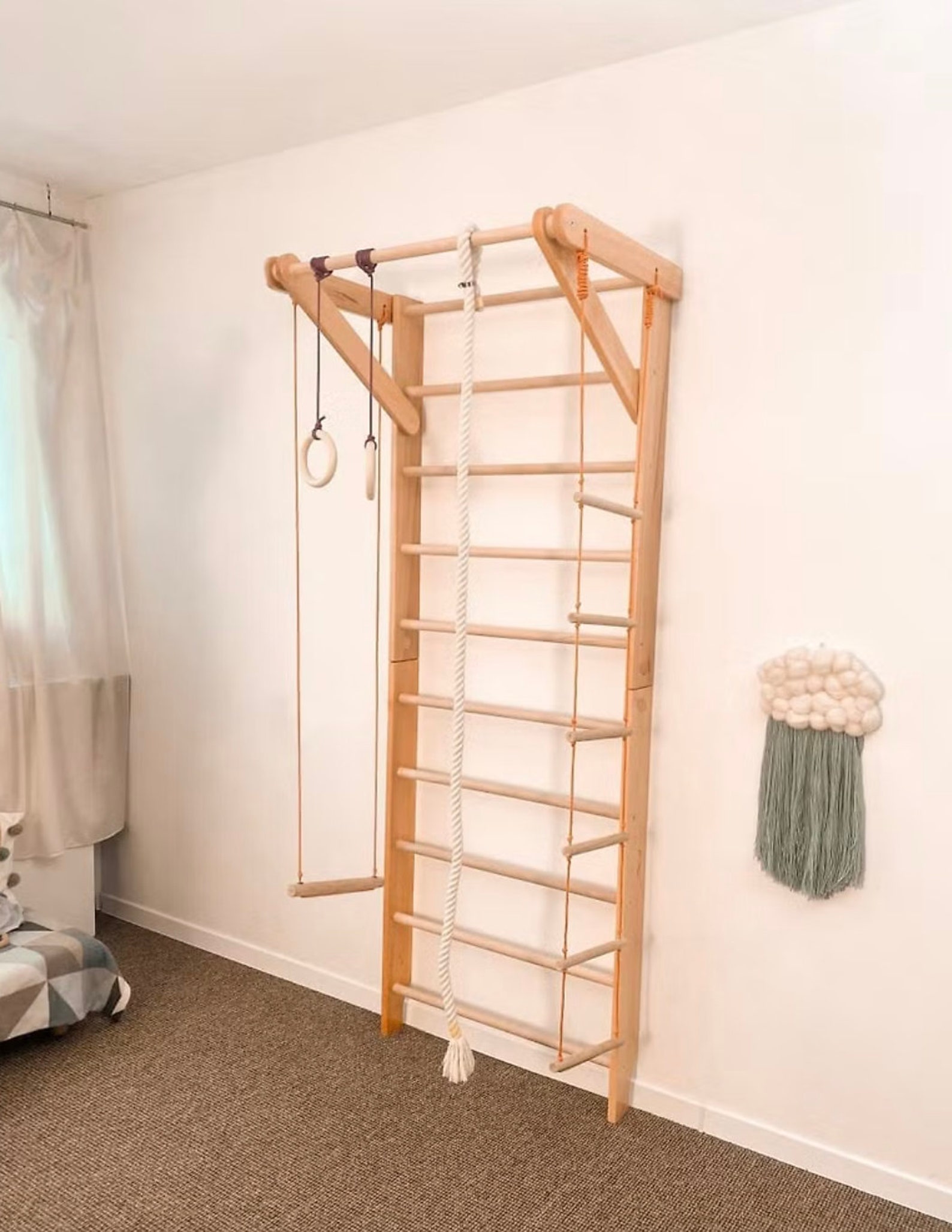 Wooden Wall Stall Bars With Fixed Pull up Bar and Rope Items. Home ...