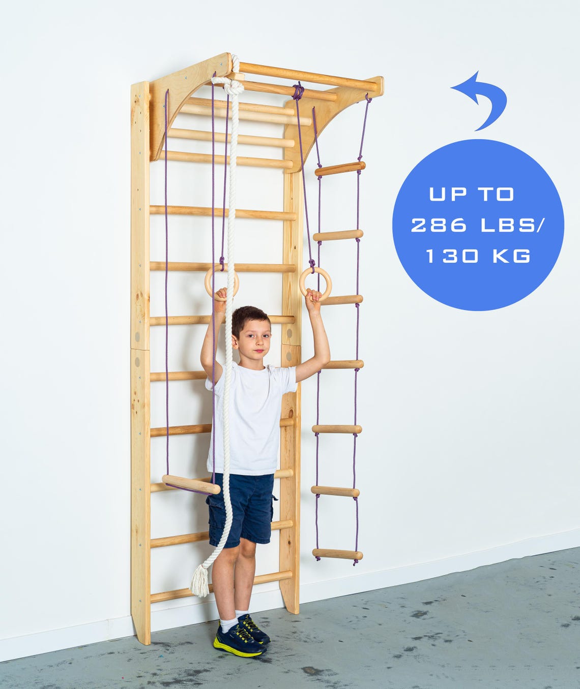 Wooden Swedish Sport Ladder With Adjustable Pull-up Bar and Rope ...
