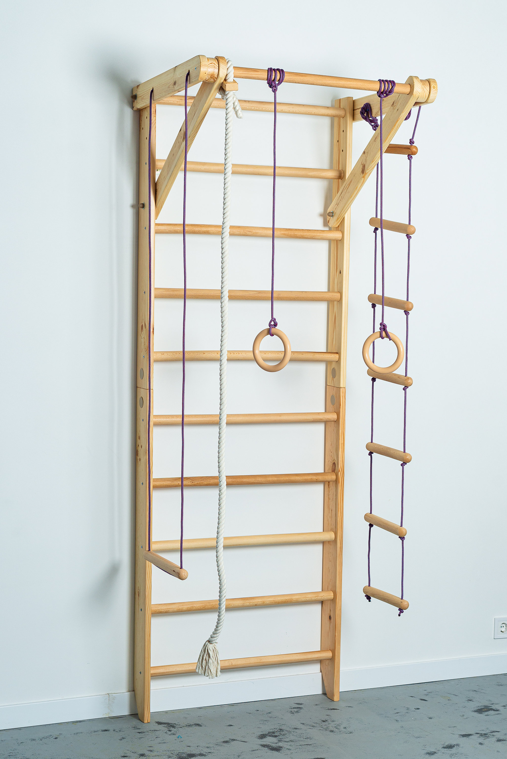 Wooden Wall Stall Bars With Fixed Pull up Bar and Rope Items. Home ...