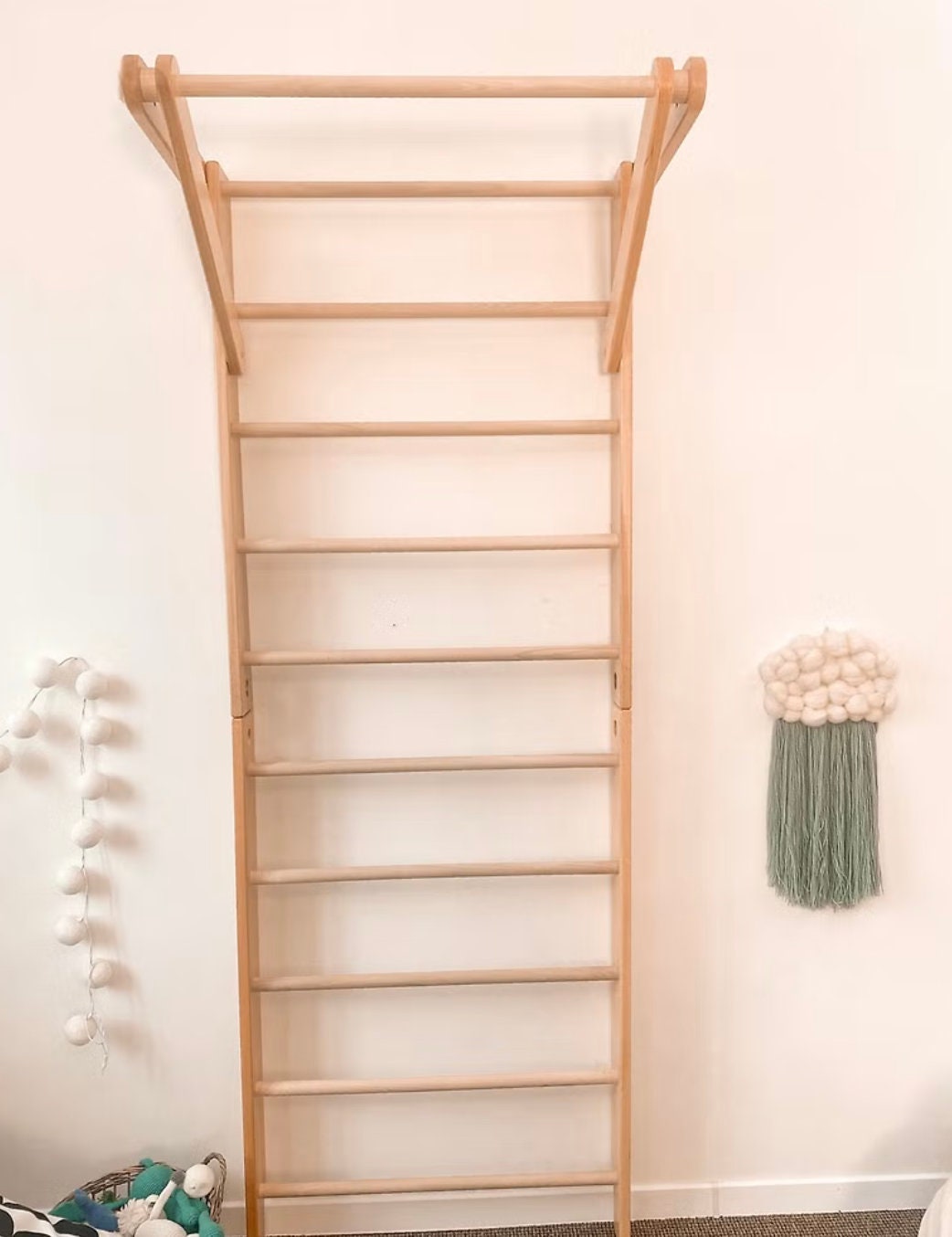 Wooden Wall Stall Bars With Fixed Pull up Bar and Rope Items. Home ...