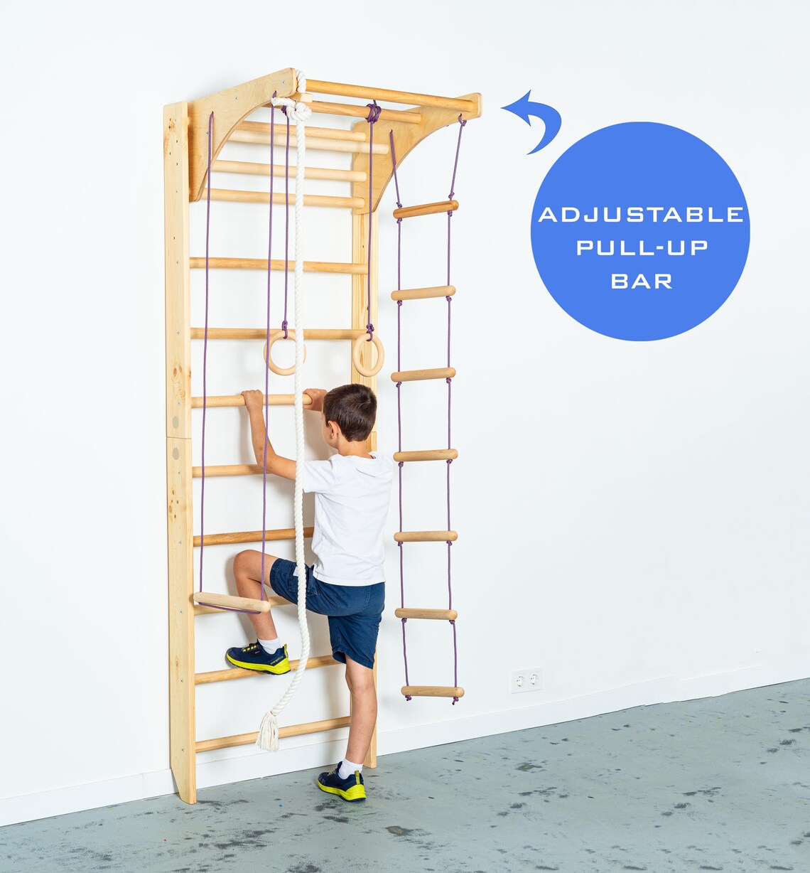 Wooden Swedish Sport Ladder With Adjustable Pull-up Bar and Rope ...