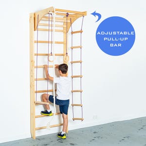 Wooden Swedish Sport Ladder With Adjustable Pull-up Bar and Rope ...