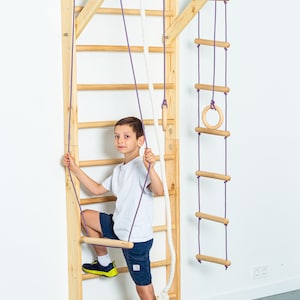 Wooden Wall Stall Bars With Fixed Pull up Bar and Rope Items. Home ...