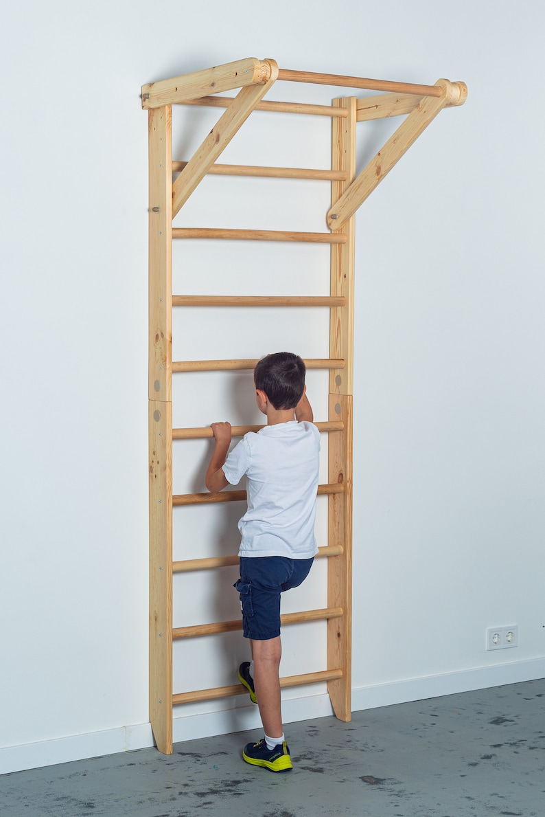 Wooden Ladder With Fixed Pull-up Bar for Kids and Adults Stall Bars for ...