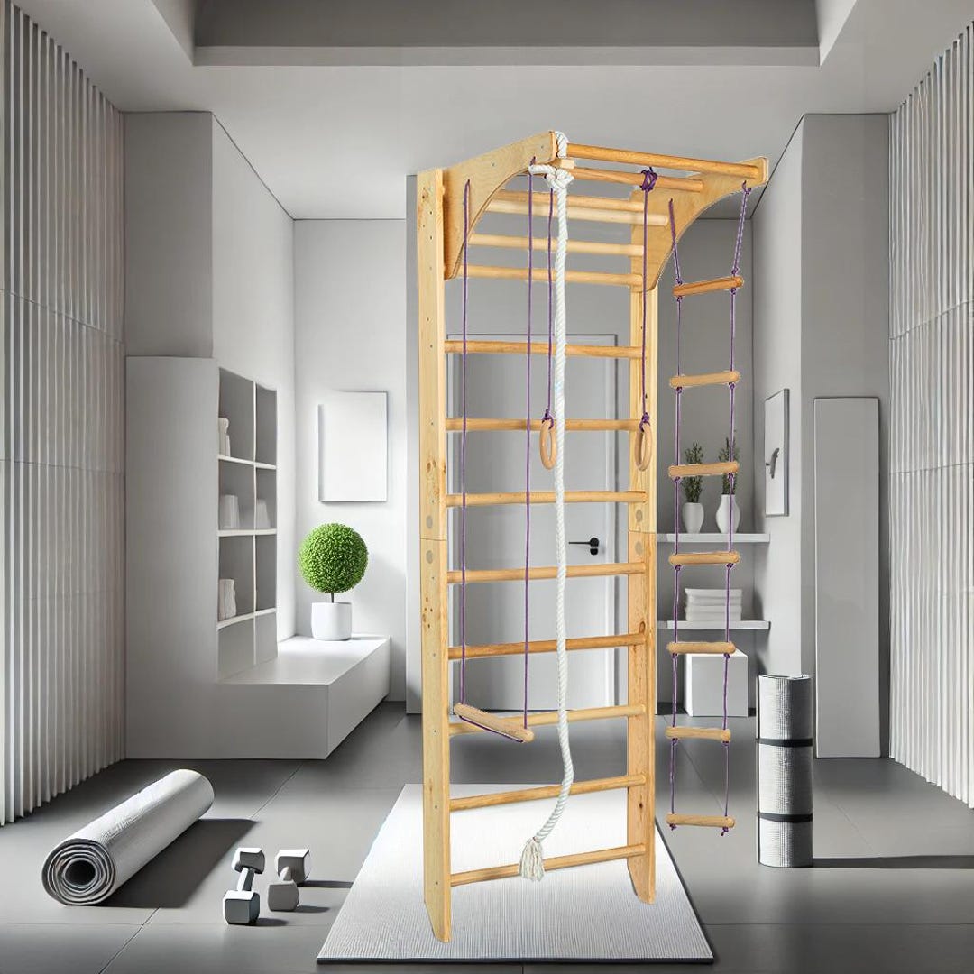 Wooden Swedish Sport Ladder With Adjustable Pull-up Bar and Rope ...