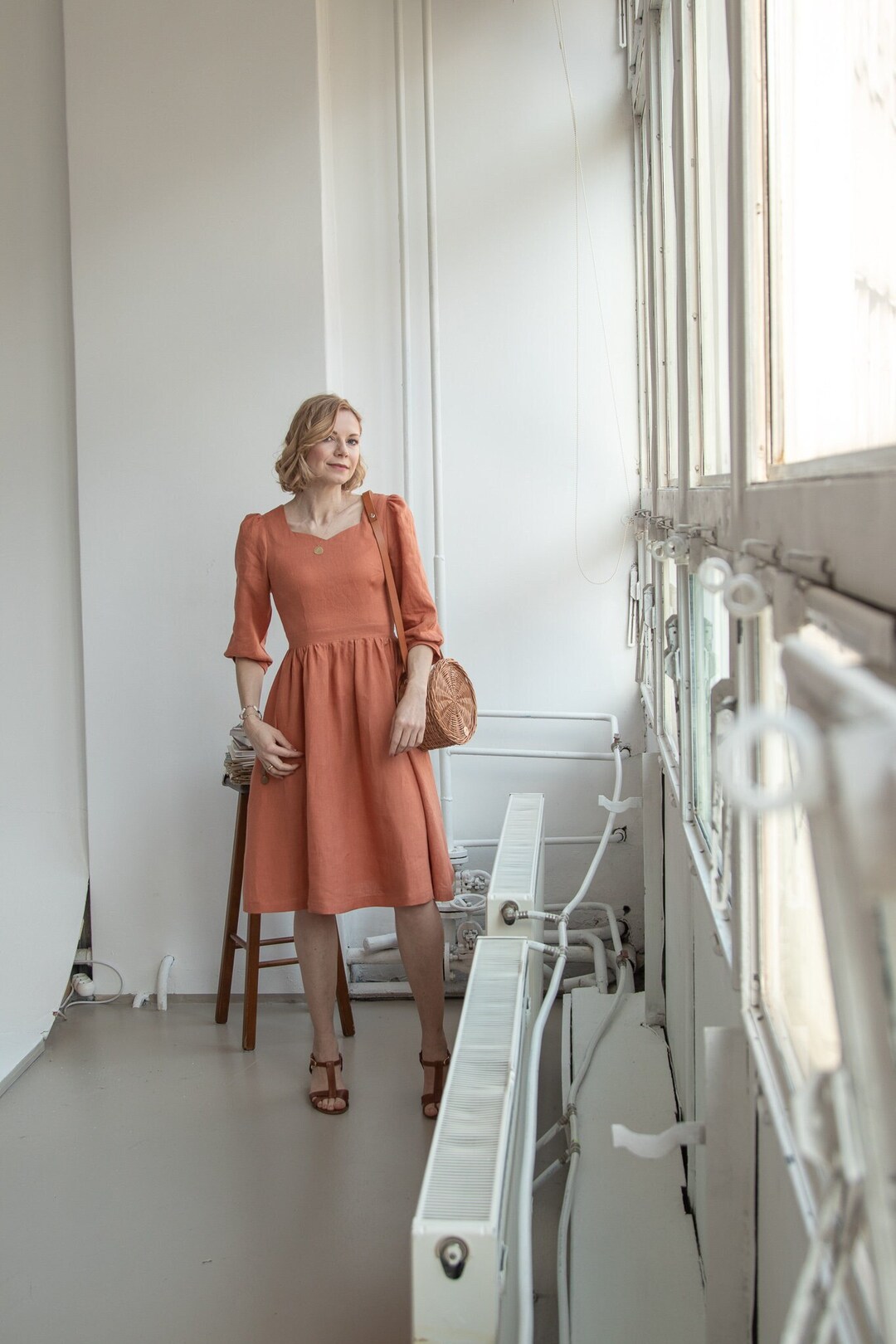 VIVIEN Linen Midi Dress, Modern 50s Dress, Sweetheart Neckline Flowy ...
