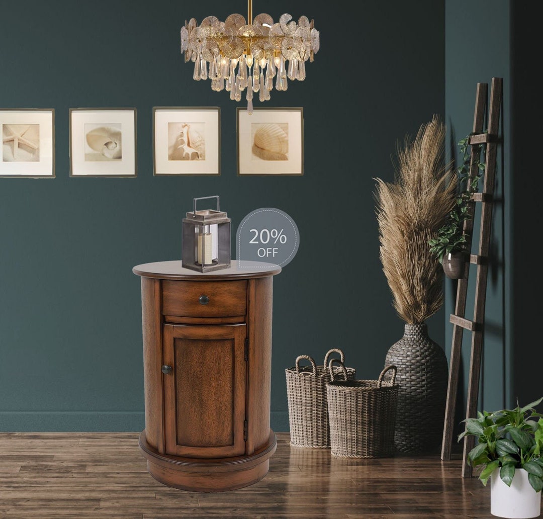 Round Storage Side Table, Farmhouse Solid Wood Bedside End Table, Wood ...