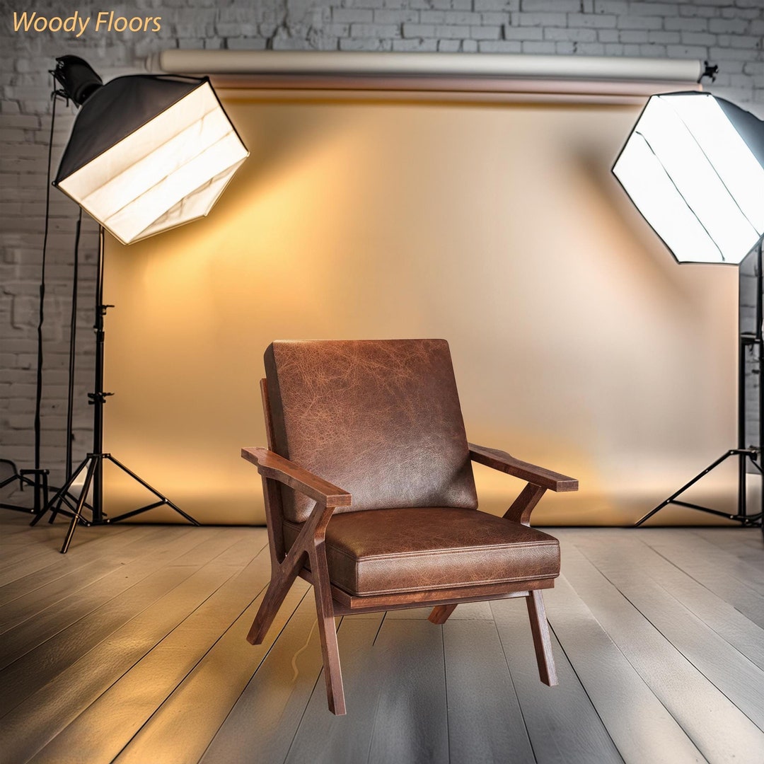 Accent Wooden Chair, Faux Leather Brown Chair, Mid-century Modern Chair ...