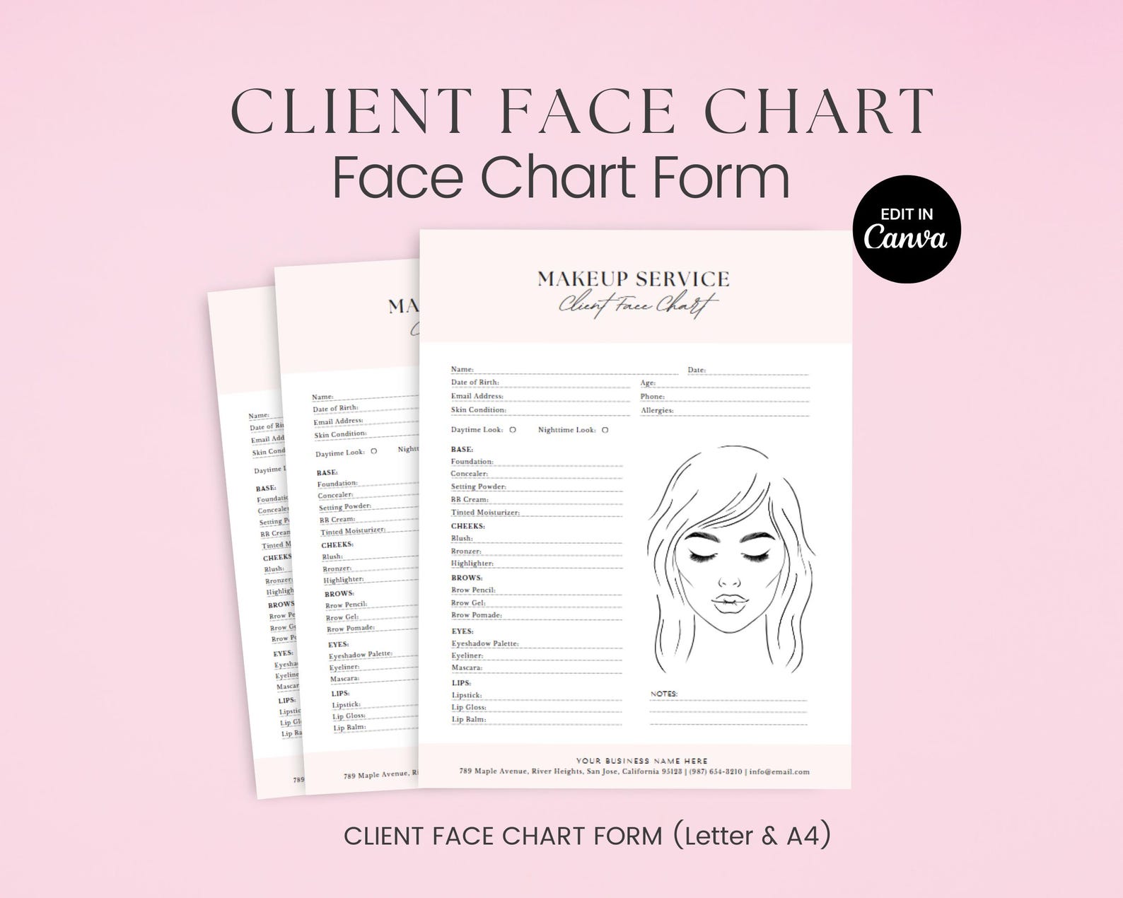 Editable Face Chart Makeup Client Chart, Makeup Artist Face Charts ...