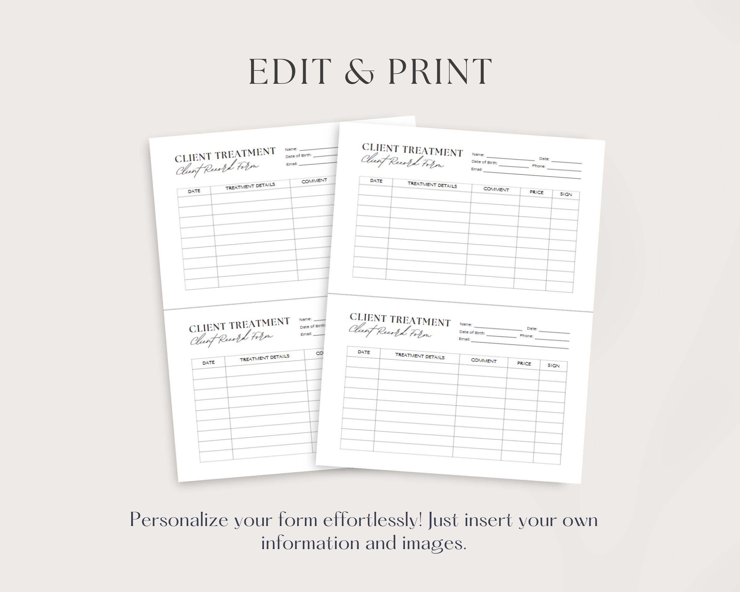 Client Record Form, Client Information Card, Esthetician Form, Lash ...