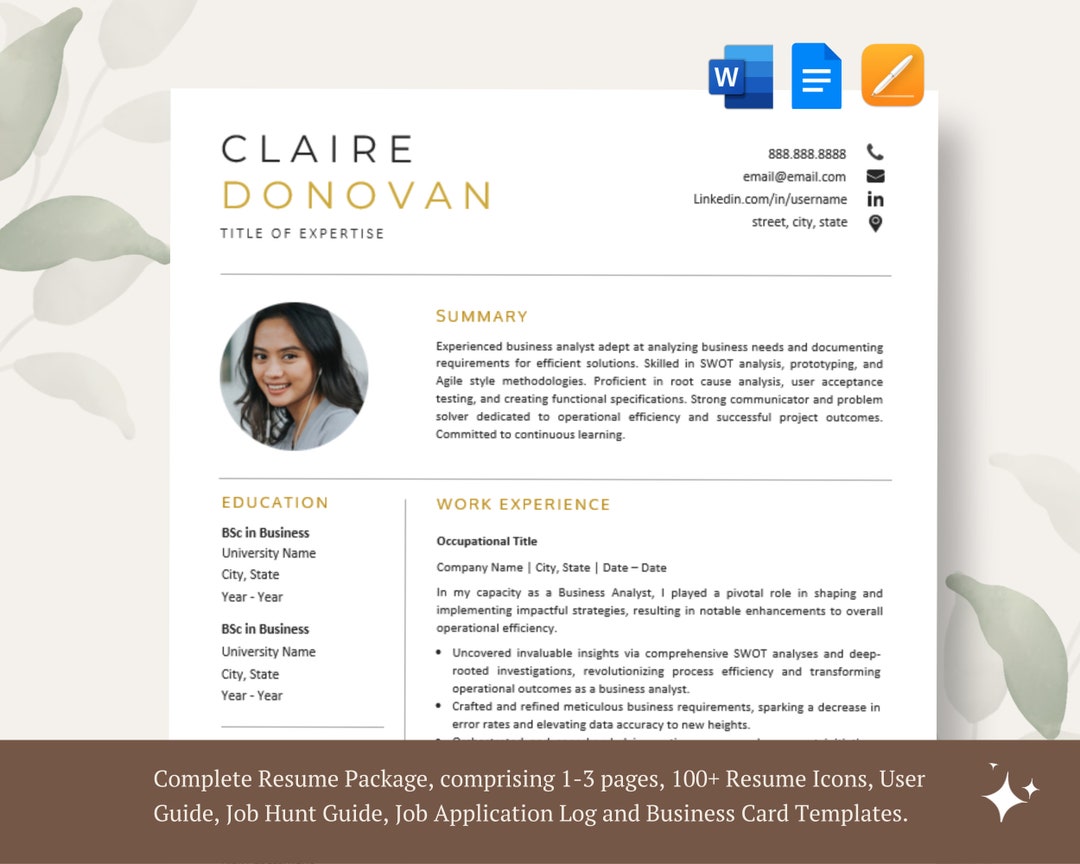 Gold Resume Template for Google Docs, Word & Pages, Resume Template ...