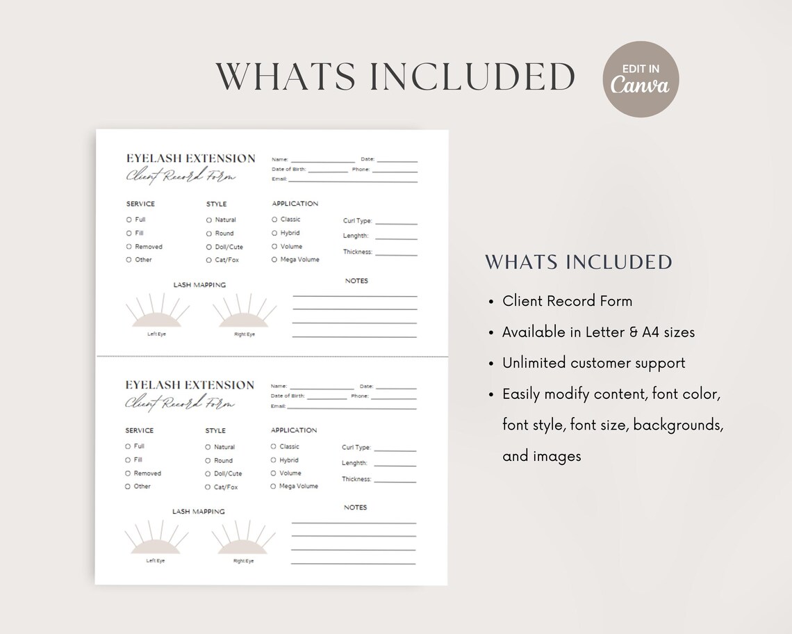 Eyelash Extension Client Record Card Form, Editable Eyelash Extension ...