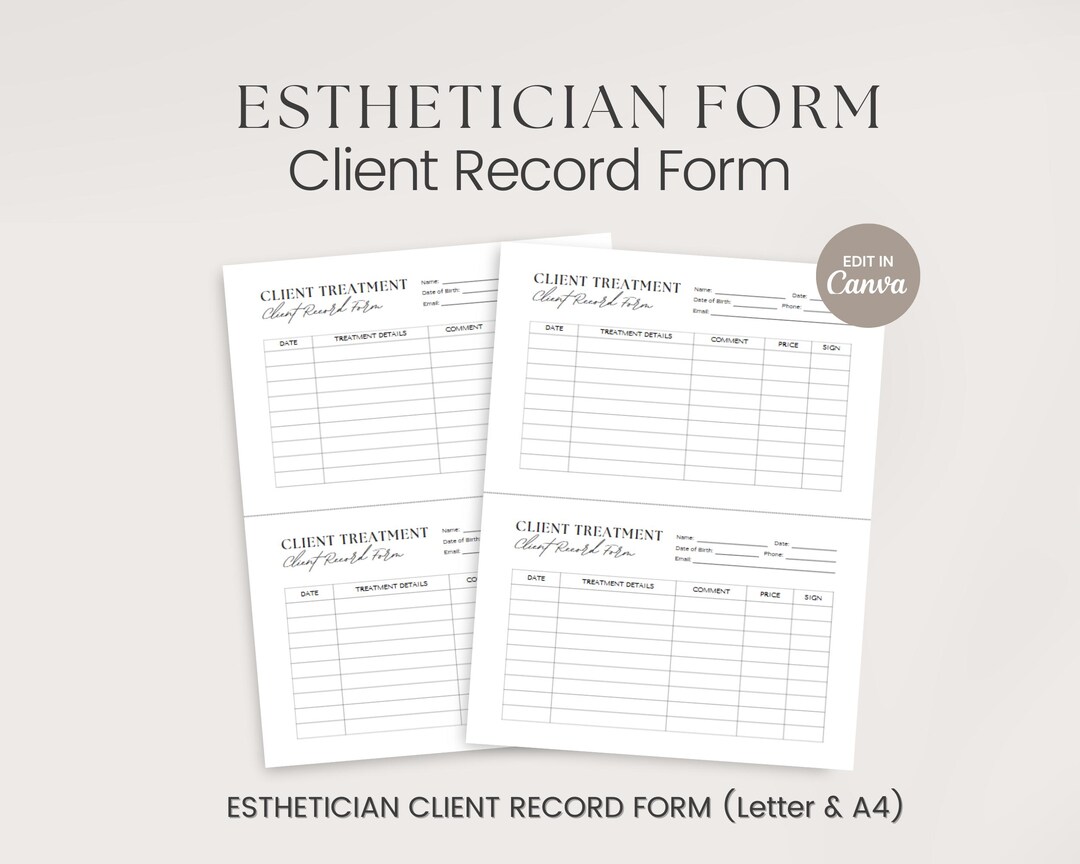 Client Record Form, Client Information Card, Esthetician Form, Lash ...