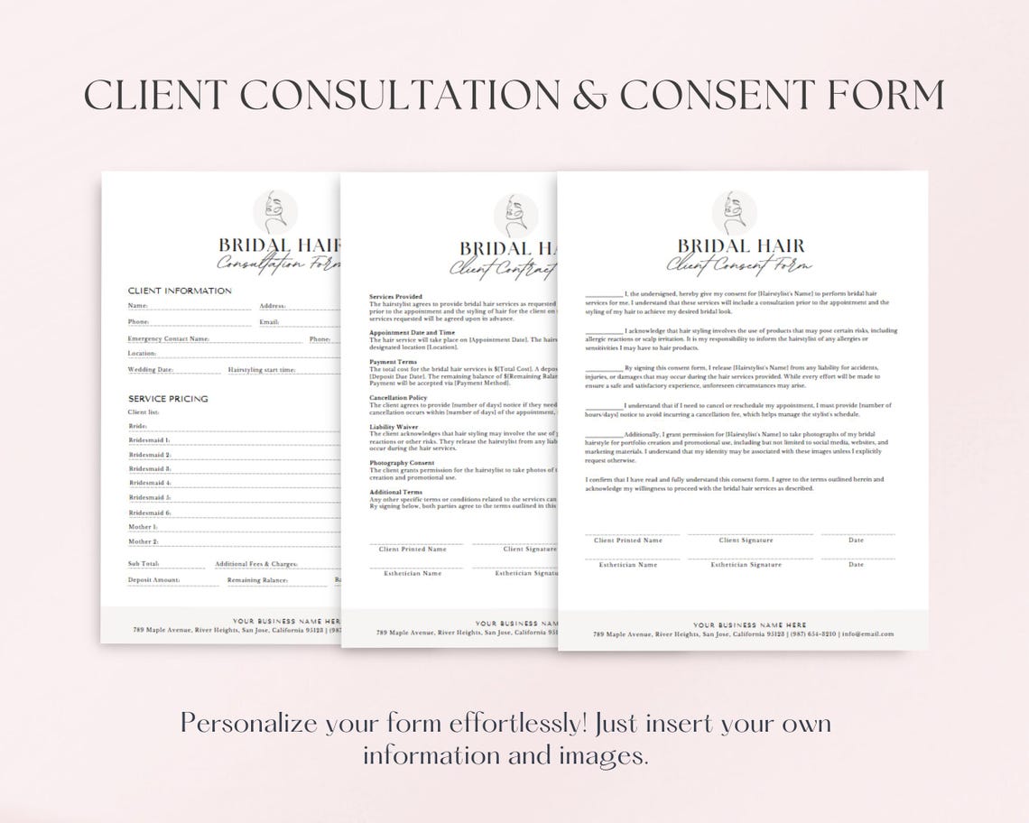 Bridal Hair Templates, Printable Bridal Hair Consent Forms, Beauty ...